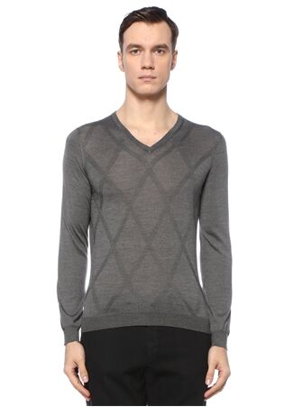 Pal Zileri Erkek Gri V Yaka Desenli İpek Kazak 48 IT
