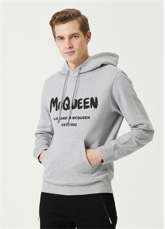 Alexander McQueen Erkek Gri Kapüşonlu Logolu Sweatshirt Siyah M EU