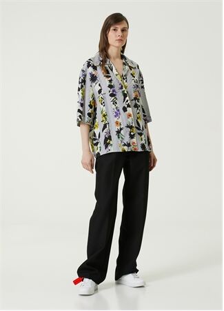 Off-White Kadın Gri Çizgili Çiçekli Gömlek 42 IT