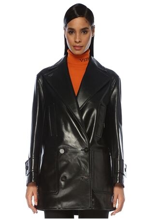 Valentino Kadın Siyah Kelebek Yaka Kruvaze Deri Ceket 42 IT