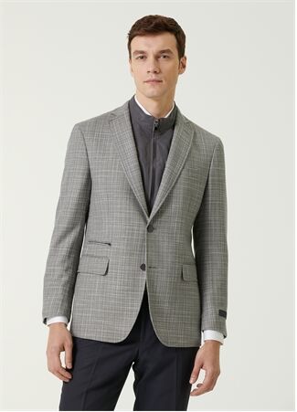 Pal Zileri Erkek Gri Kelebek Yaka İç Yelek Detaylı Kareli Yün Ceket 48 IT