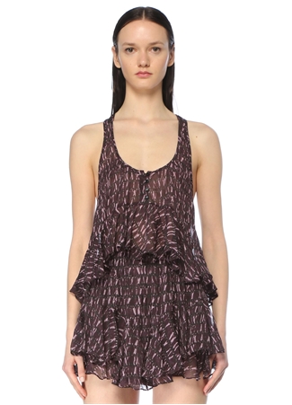 Etoile Isabel Marant Kadın Mor U Yaka Desenli Asimetrik Volanlı Bluz 34 FR