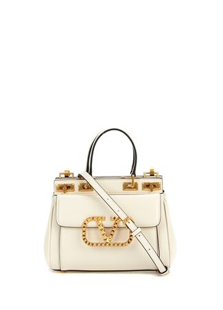 Valentino Garavani Kadın Krem Logolu Deri Omuz Çantası Beyaz EU