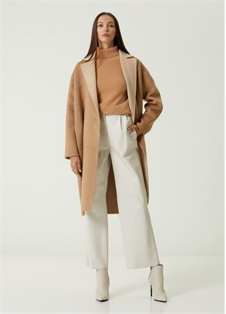 Kiton Kadın Bej Kruvaze Yaka Yün Palto 42 IT