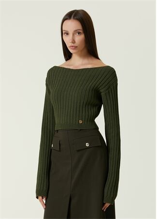 Balmain Kadın Haki Kayık Yaka Yün Kazak 36 FR