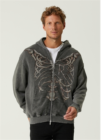 Represent Erkek Gri Kapüşonlu İskelet Baskılı Sweatshirt M EU