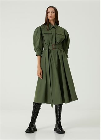 Alexander McQueen Kadın Haki Beli Kemerli Midi Elbise 42 IT