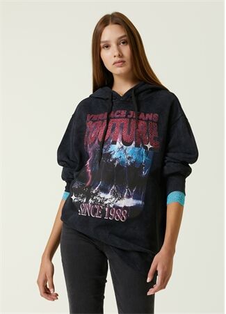 Versace Jeans Couture Kadın Antrasit Kapüşonlu Baskılı Sweatshirt Gri 42 IT