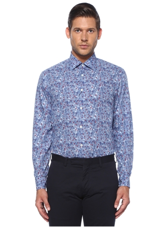 Pal Zileri Erkek Mavi Geometrik Desenli İngiliz Yaka Gömlek 39 IT