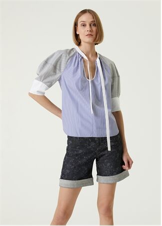 Chloe Kadın Mavi Beyaz Çizgili Balon Kol Bluz 36 FR