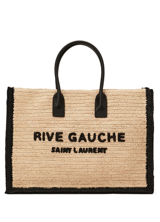 Kadın Bej Yazı Jakarlı Hasır Dokulu Omuz Çantası Siyah Eu