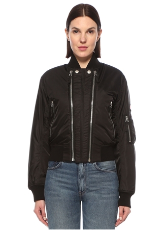 Jet Set Kadın Siyah Dik Yaka Logolu Bomber Mont S EU