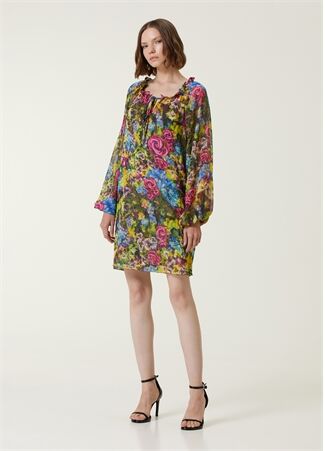 Academia Kadın Çiçekli Mini Krep Şifon Elbise 36