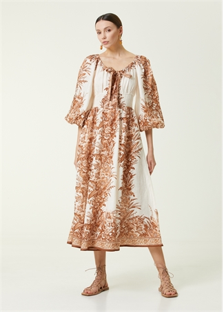 Zimmermann Kadın Kahve Beyaz Çiçekli Midi Keten Elbise Bej 0 US