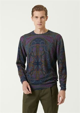 Etro Erkek Mavi Etnik Desenli Yün Kazak L EU