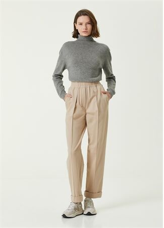 Brunello Cucinelli Kadın Bej Yüksek Bel Pilili Pantolon 42 IT