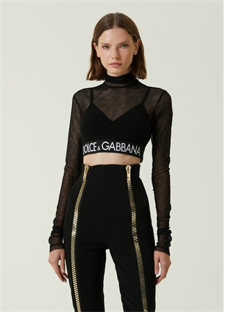 Dolce&Gabbana Kadın Siyah Dik Yaka Logo Bantlı Crop Tül Bluz 44 IT Dolce&Gabbana Kadın Siyah Dik Yaka Logo Bantlı Crop Tül Bluz 44 IT