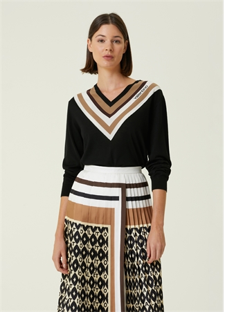 Valentino Kadın Siyah Krem V Yaka Şeritli Yün Kazak M EU Valentino Kadın Siyah Krem V Yaka Şeritli Yün Kazak M EU