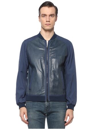 Pal Zileri Erkek Mavi Dik Yaka Dokulu Bomber Mont 52 IT