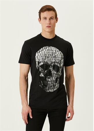 Philipp Plein Erkek Siyah Bisiklet Yaka Baskılı T-shirt L EU