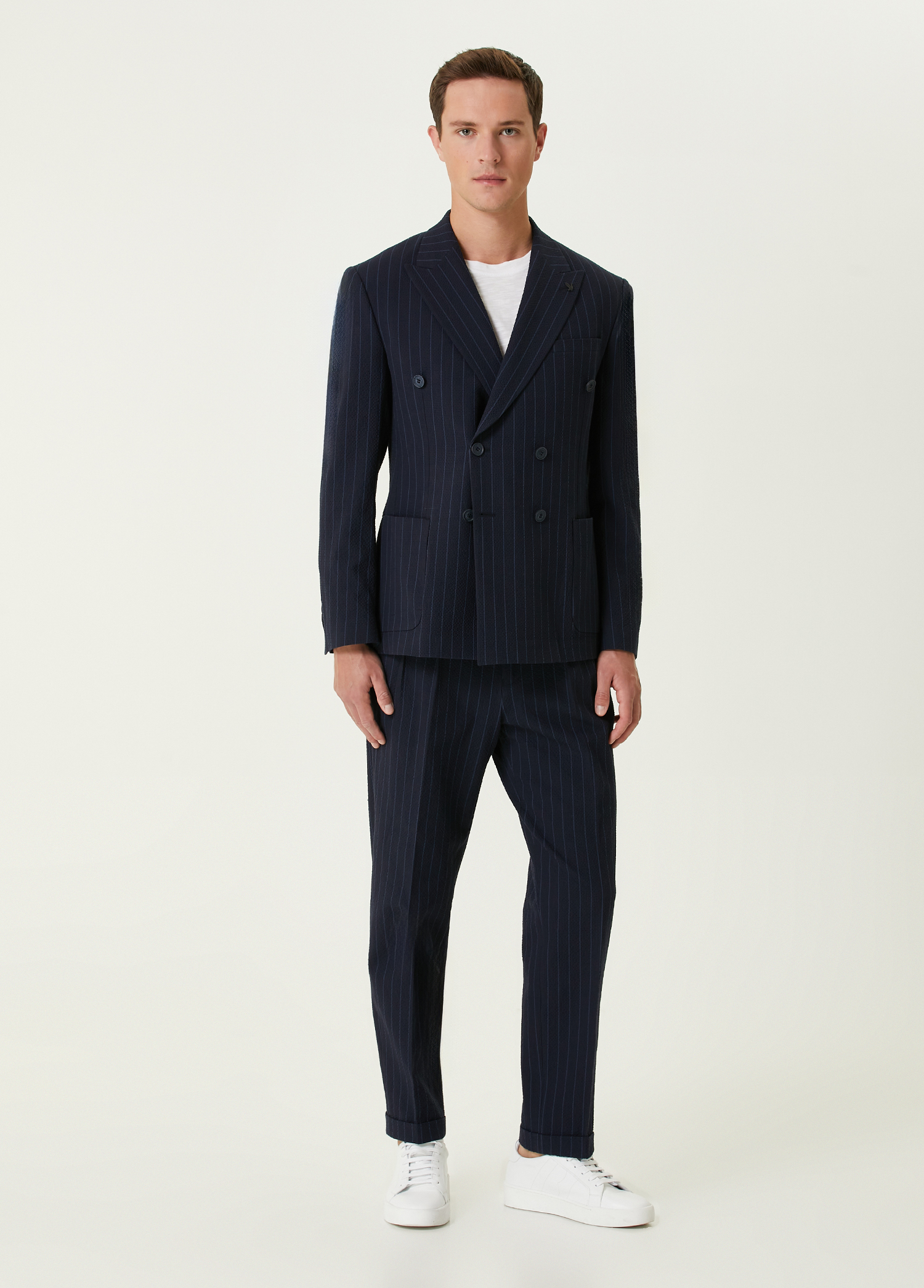 Beymen Club - Navy Blue Striped Embossed Double Breasted Suit - Navy blue