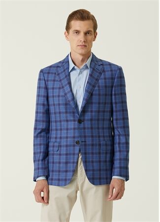 Pal Zileri Erkek Mavi Kelebek Yaka Kareli Kaşmir Ceket 50 IT