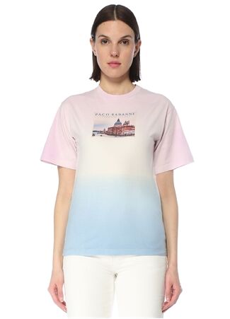 Paco Rabanne Kadın Pembe Mavi Degrade Bisiklet Yaka T-shirt XS EU