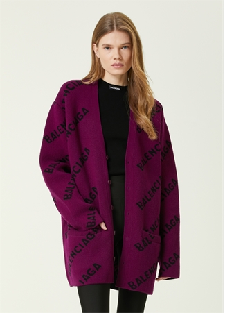 Balenciaga Kadın Mor Logo Jakarlı Yün Hırka XS EU