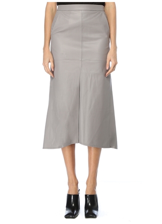 Tibi Kadın Gri Normal Bel Deri Midi Etek 2 US