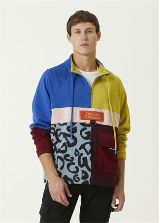 Dolce&Gabbana Erkek Colorblocked Yakası Bağcıklı Desenli Sweatshirt M EU