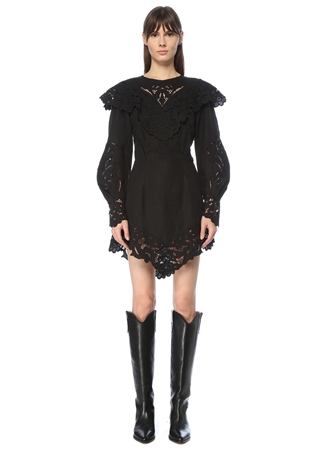 Isabel Marant Kadın Siyah Yaka Detaylı Dantelli Mini Elbise 38 FR