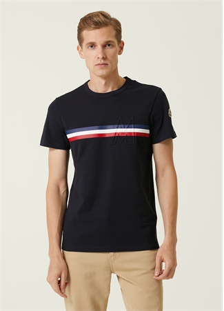 Moncler Erkek Lacivert Logo Şeritli T-shirt L EU