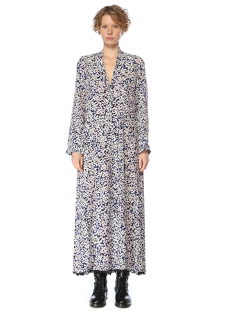 Zadig&Voltaire Kadın Relic Mavi V Yaka Çiçekli Uzun Kol Maksi Elbise S EU