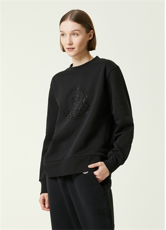 Moncler Kadın Siyah Bisiklet Yaka Logolu Sweatshirt S EU