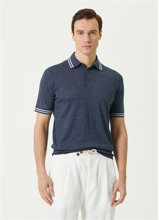 Brunello Cucinelli Erkek Lacivert Polo Yaka Keten T-shirt 48 IT Brunello Cucinelli Erkek Lacivert Polo Yaka Keten T-shirt 48 IT