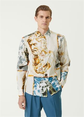 Etro Erkek Bej İtalyan Yaka Figür Desenli Gömlek S EU