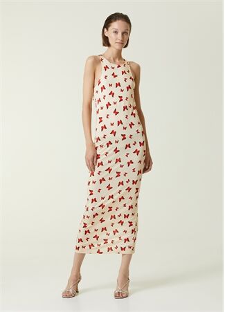 Musier Kadın Ekru Kelebek Desenli Midi Elbise Bej 36 IT