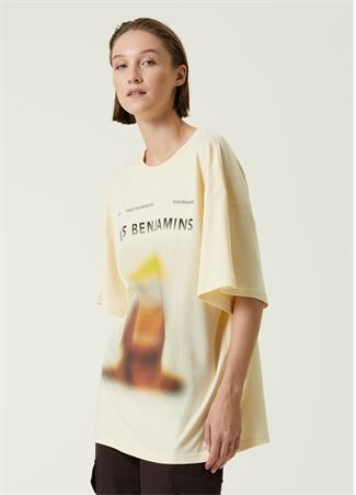 Les Benjamins Kadın Oversize Krem Bisiklet Yaka Baskılı T-shirt Bej M EU