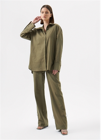 Wabi Sabi Kadın Over Haki Düğme Detaylı Keten Gömlek S/m Wabi Sabi Kadın Over Haki Düğme Detaylı Keten Gömlek S/m