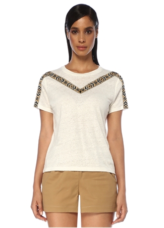 Maje Kadın Ekru Siyah İşlemeli Şerit Detaylı T-shirt Bej 3 FR
