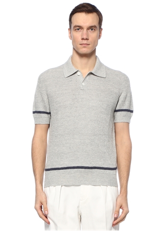 Brunello Cucinelli Erkek Gri Polo Yaka Şeritli Kısa Kollu Keten Triko 50 IT