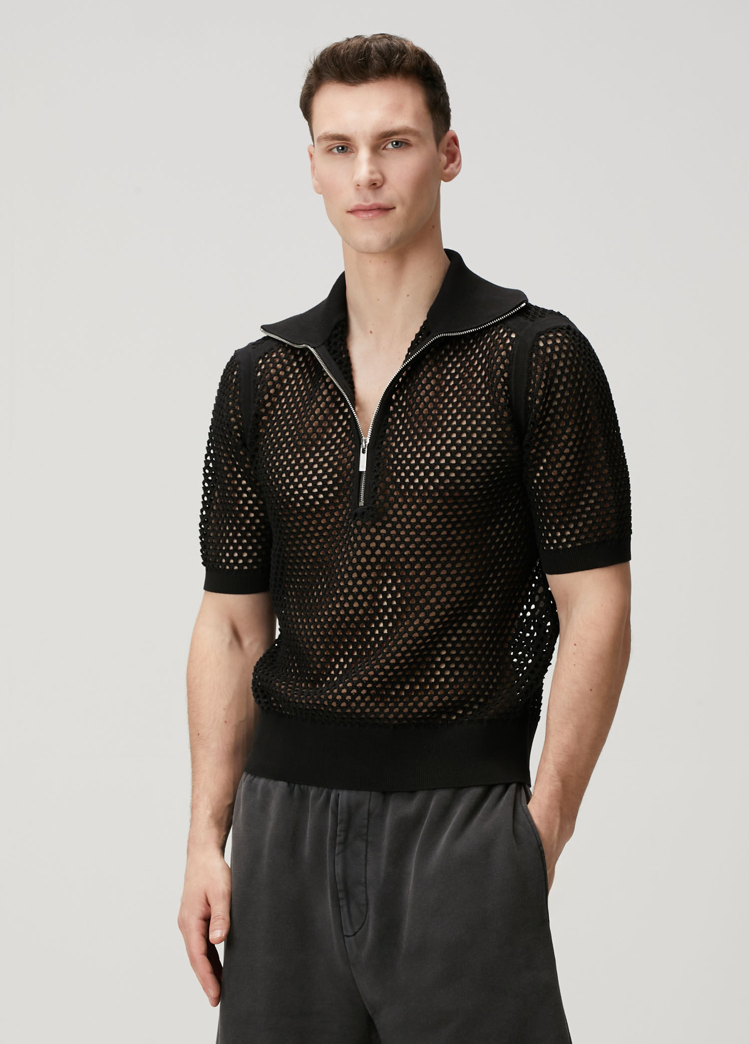 Helmut Lang - Siyah Polo Yaka File Dokulu T-shirt - Siyah