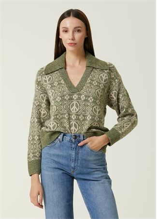 Sandro Kadın Haki V Yaka Jakarlı Kazak 2 US