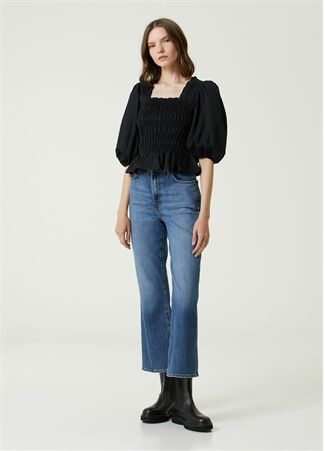 Allsaints Kadın Livi Siyah Kare Yaka Balon Kol Keten Bluz 4 UK