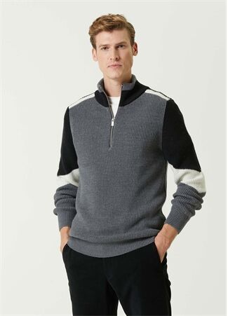 Beymen Collection Erkek Colorblocked Yakası Fermuarlı Thermal Kazak Gri XL EU