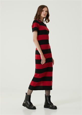 Red Valentino Kadın Kırmızı Siyah Çizgili Kısa Kol Midi Elbise XS EU