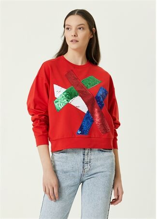 Network Kadın Kırmızı Payetli Sweatshirt Xs Eu