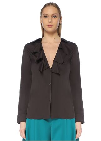 Bottega Veneta Kadın Kahverengi V Yaka Fırfırlı Uzun Kol Bluz 38 IT