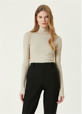 Bottega Veneta Kadın Ekru Dik Yaka Jakarlı İpek Kazak Bej XS EU