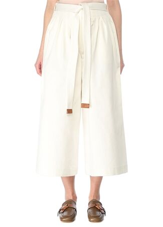 Loewe Kadın Ekru Beli Kuşaklı Bol Paça Cropped Jean Pantolon Bej 40 IT